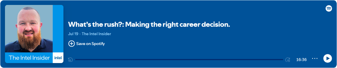 A button leading to an Intel podcast on Spotify called What's the rush ...